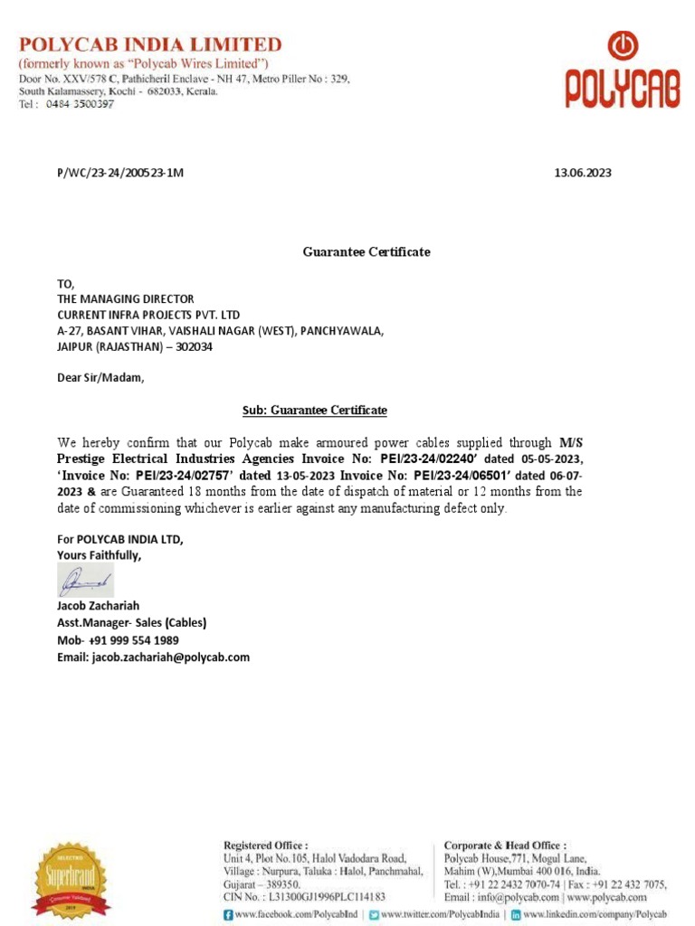 Guarantee Certificate - CIPL | PDF