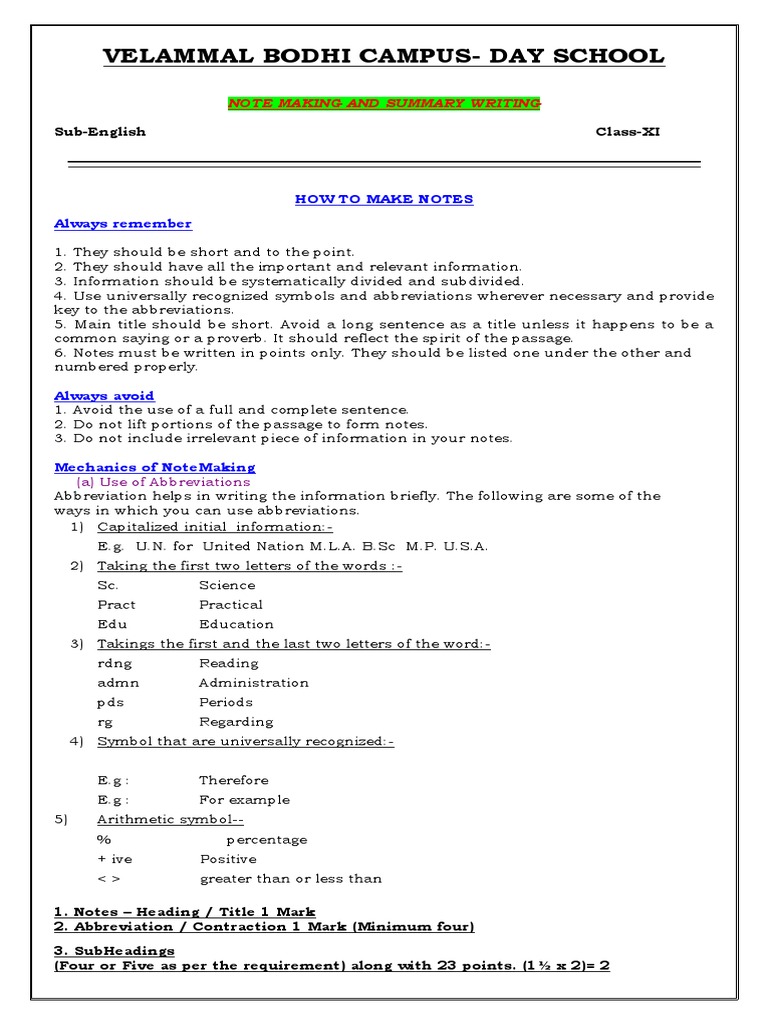 Note Making - Sample, Example, Excercise | PDF