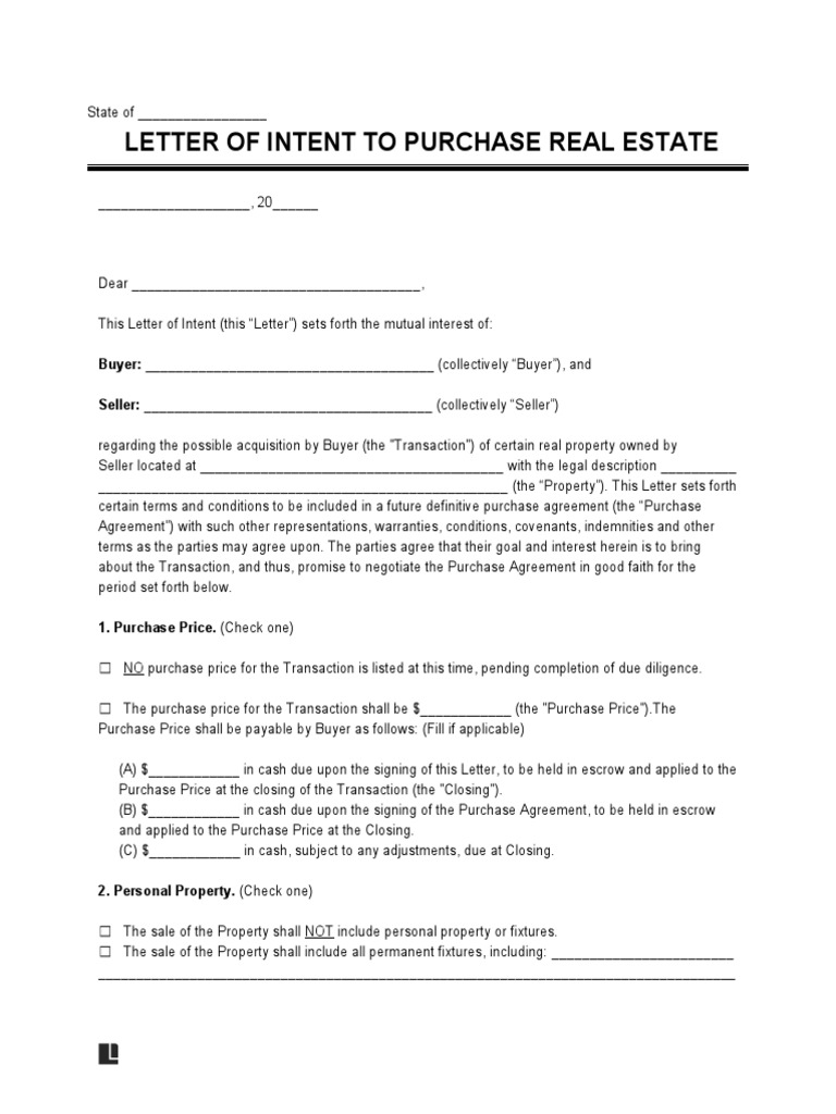 Letter of Intent Purchase Real Estate | PDF | Property Law | Civil Law ...