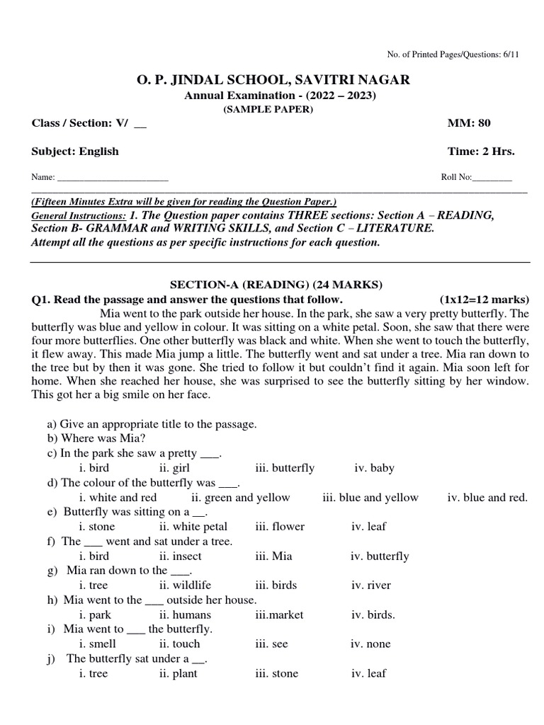 Class 5 - ENG. SQP - 2023 | PDF | Wildlife | Linguistics
