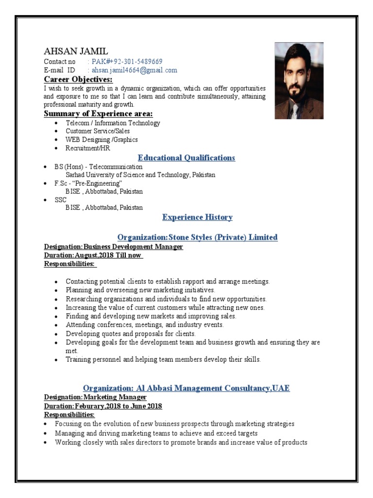 Ahsan Jamil: Career Objectives | PDF | Computer Network | Sales