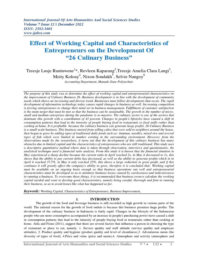 Effect of Working Capital and Characteristics of Entrepreneurs On The Development of "26 ...