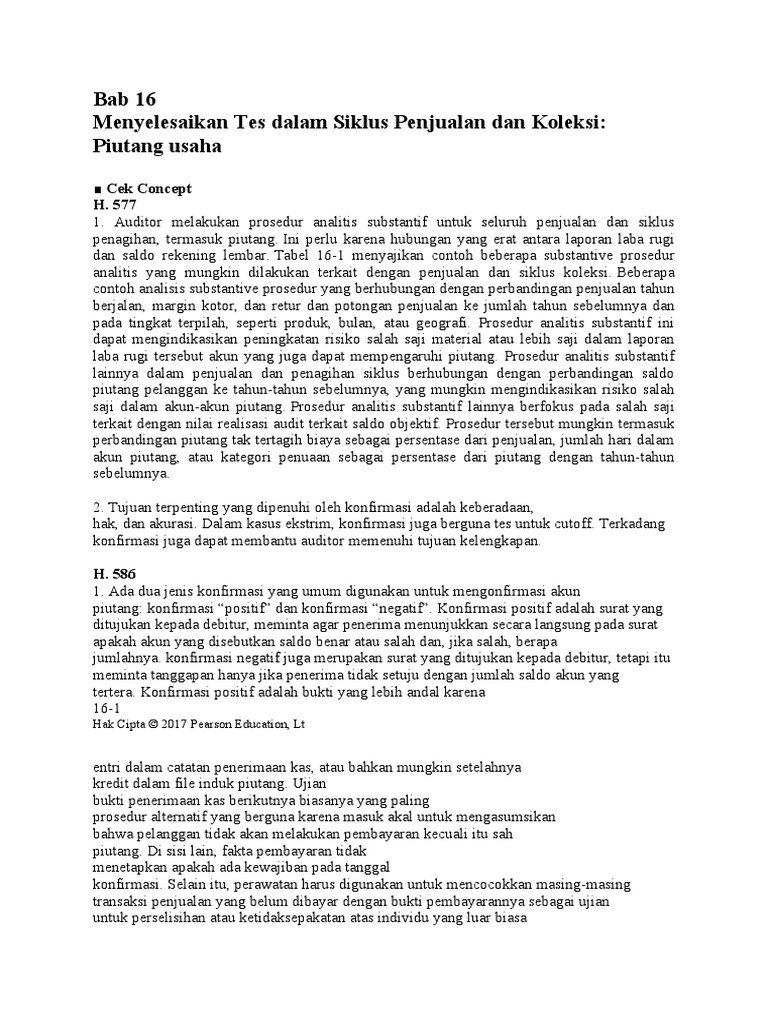 Bab 16 Menyelesaikan Siklus Audit Penjualan Dan Penagihan Piutang Usaha | PDF