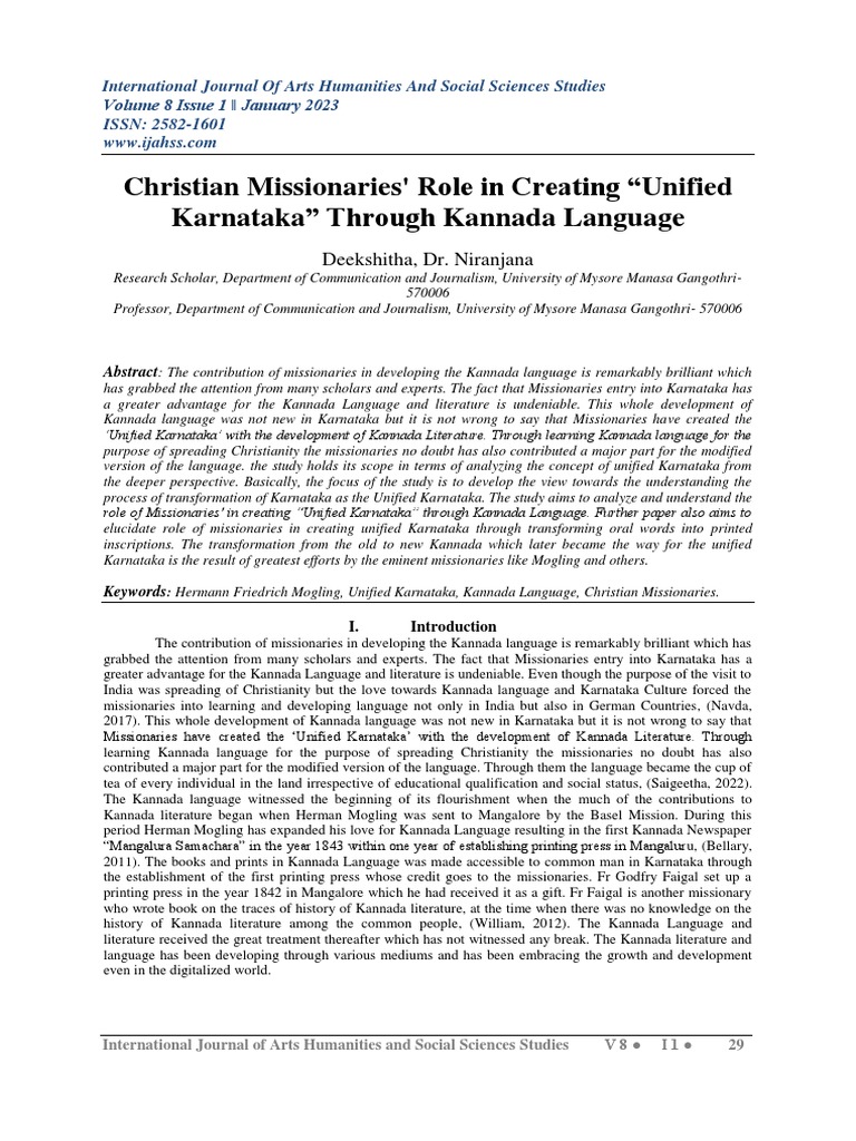 Christian Missionaries' Role in Creating "Unified Karnataka" Through ...