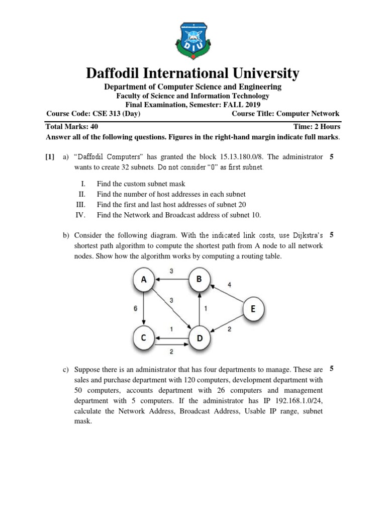 CSE313 Fall 19 Final Exam Question | PDF | Computer Network | Networking