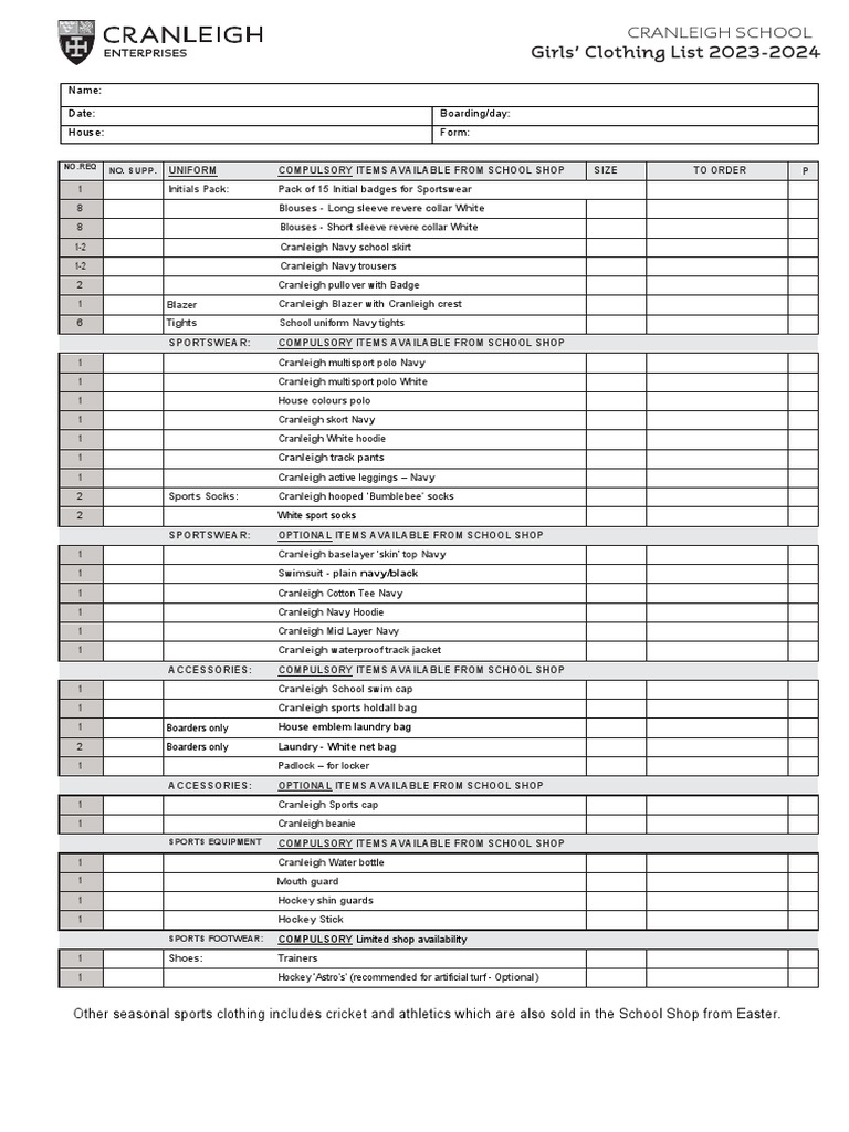 Cranleigh School Girls' Uniform List 2023-24 | PDF | Human Body | Human ...