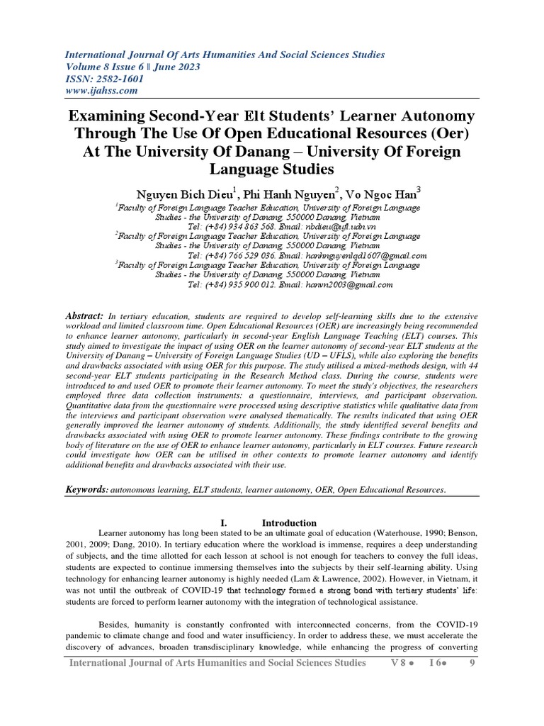 Examining Second-Year Elt Students' Learner Autonomy Through The Use of Open Educational ...