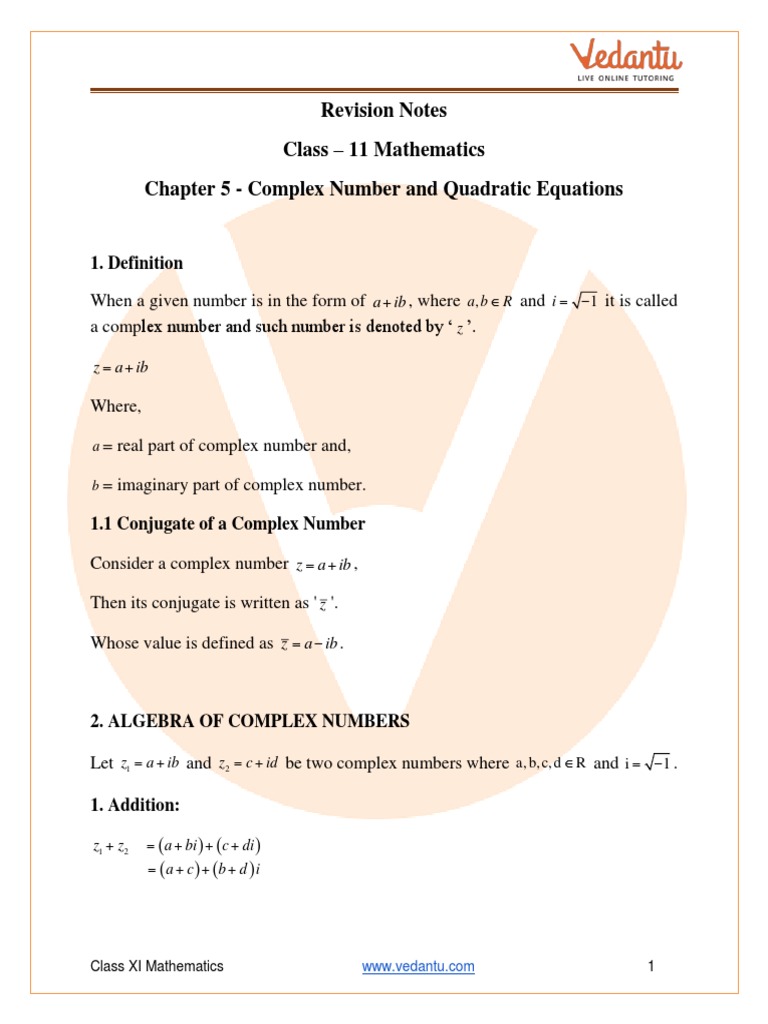 Complex Numbers and Quadratic Equations Class 11 Notes CBSE Maths ...