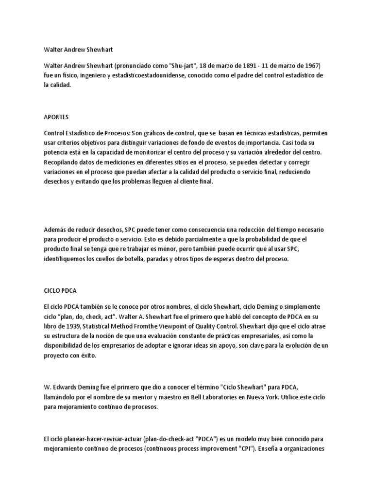 Walter Shewhart: Control de Calidad y PDCA | PDF | Calidad (comercial ...