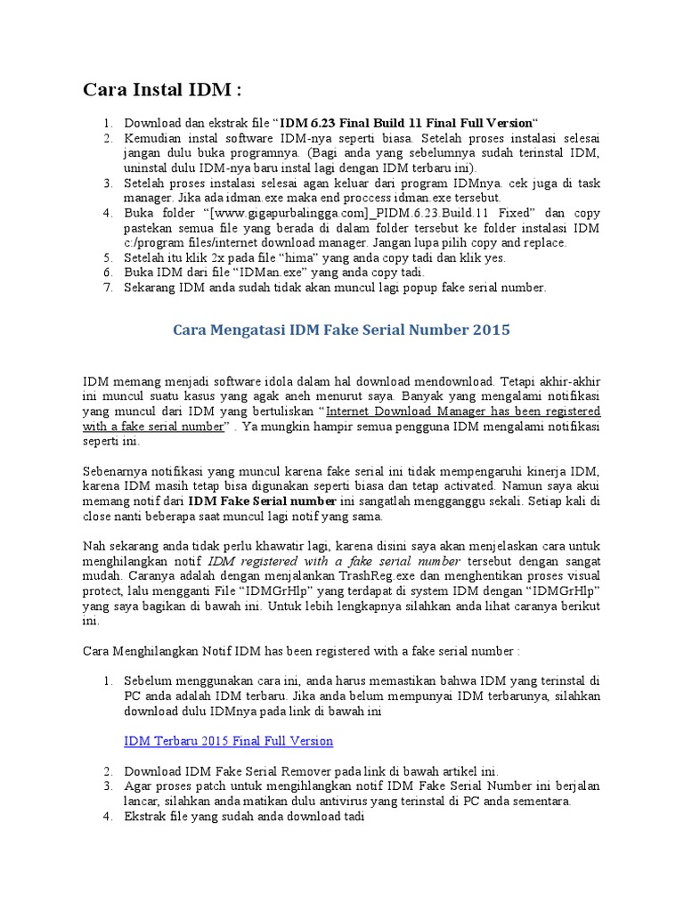 Cara Instal IDM & Mengatasi Fake Serial Number | PDF