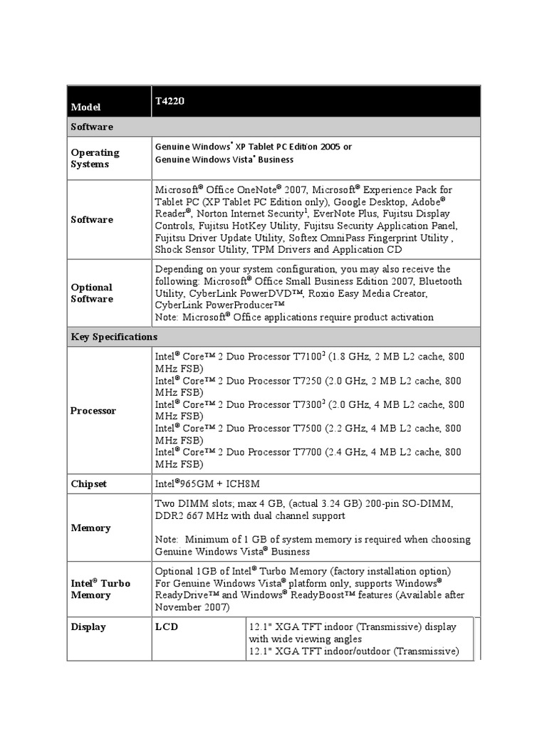 Fujitsu LifeBook T4220 Notebook PC | PDF | Dvd | Tablet Computer