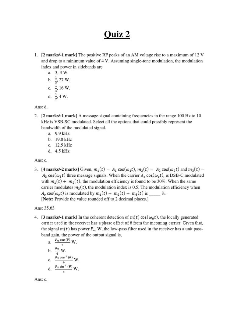 Quiz 2 | PDF | Bandwidth (Signal Processing) | Modulation