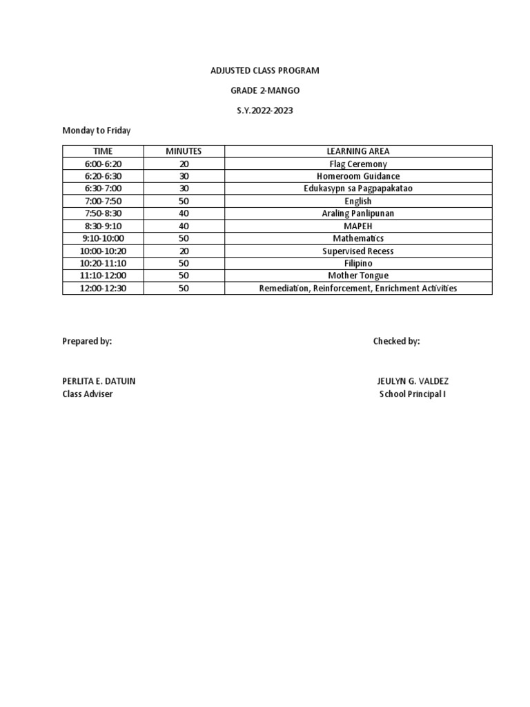 Adjusted Class Program Grade 2-Mango | PDF