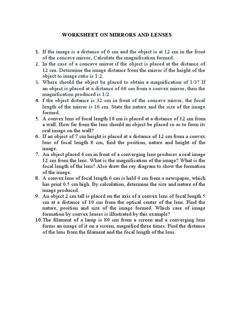 Worksheet On Mirrors and Lenses | PDF | Home & Garden | Art