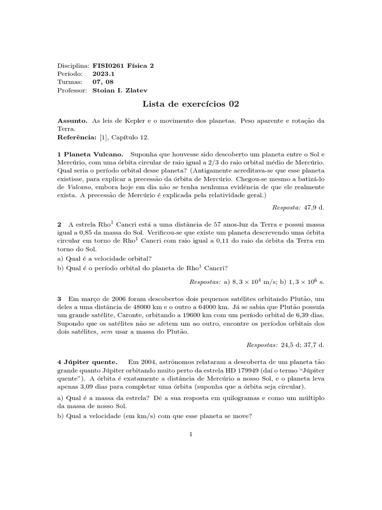 Lista de Exerc Icios 02 | PDF | Órbita | Planetas