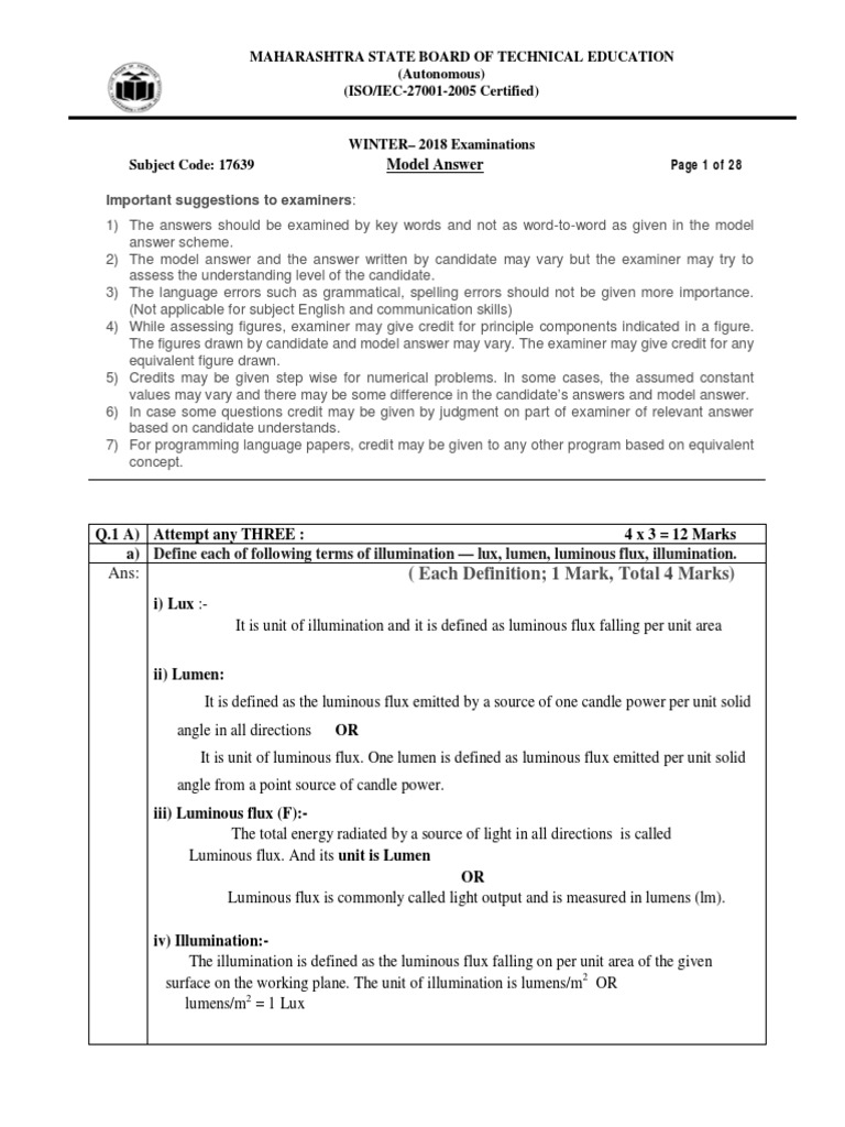 2018 Winter Model Answer Paper | PDF | Lighting | Incandescent Light Bulb