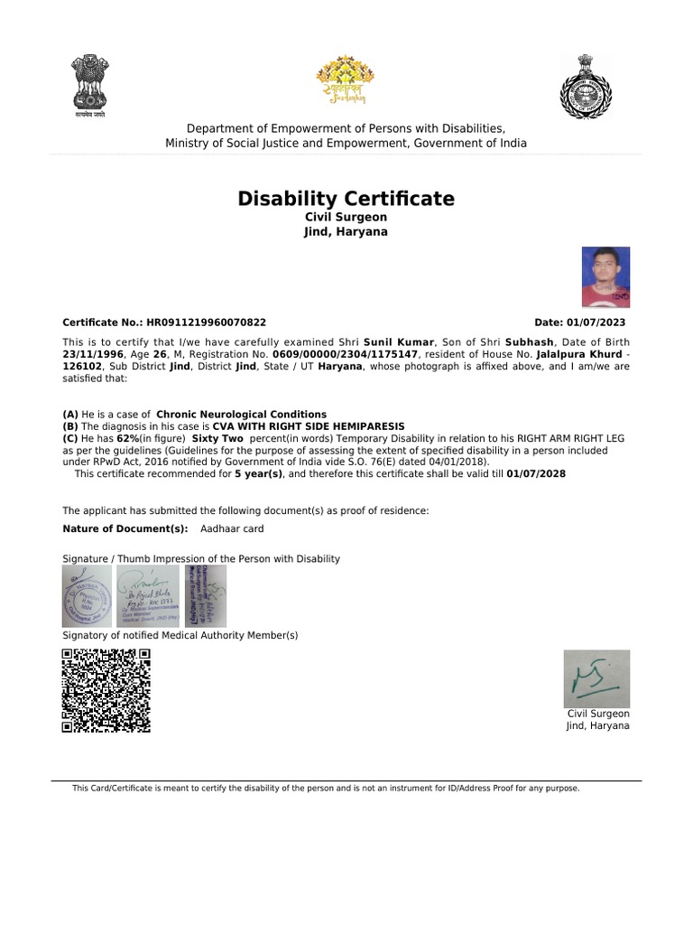 Haryana Disability Certificate for Sunil Kumar | PDF
