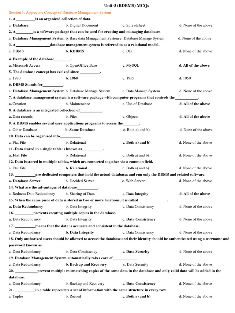 Rdbms Mcqs 2023-24 Class 10th It | PDF | Databases | Relational Database