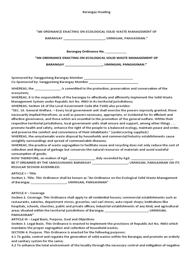 Barangay Ordinance SWM Sample | PDF | Municipal Solid Waste | Waste ...