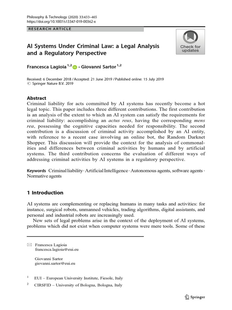 AI Systems Under Criminal Law: A Legal Analysis and A Regulatory Perspective | PDF | Intention ...