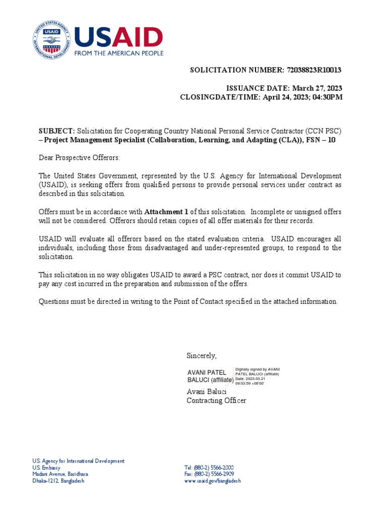 Usaid Solicitation - Pms (Cla), Fsn-10 Signed | PDF | United States ...