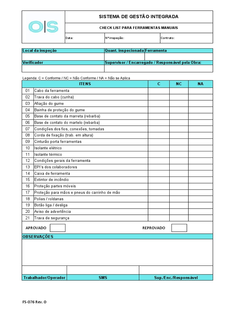 Check List para Ferramentas Manuais | PDF