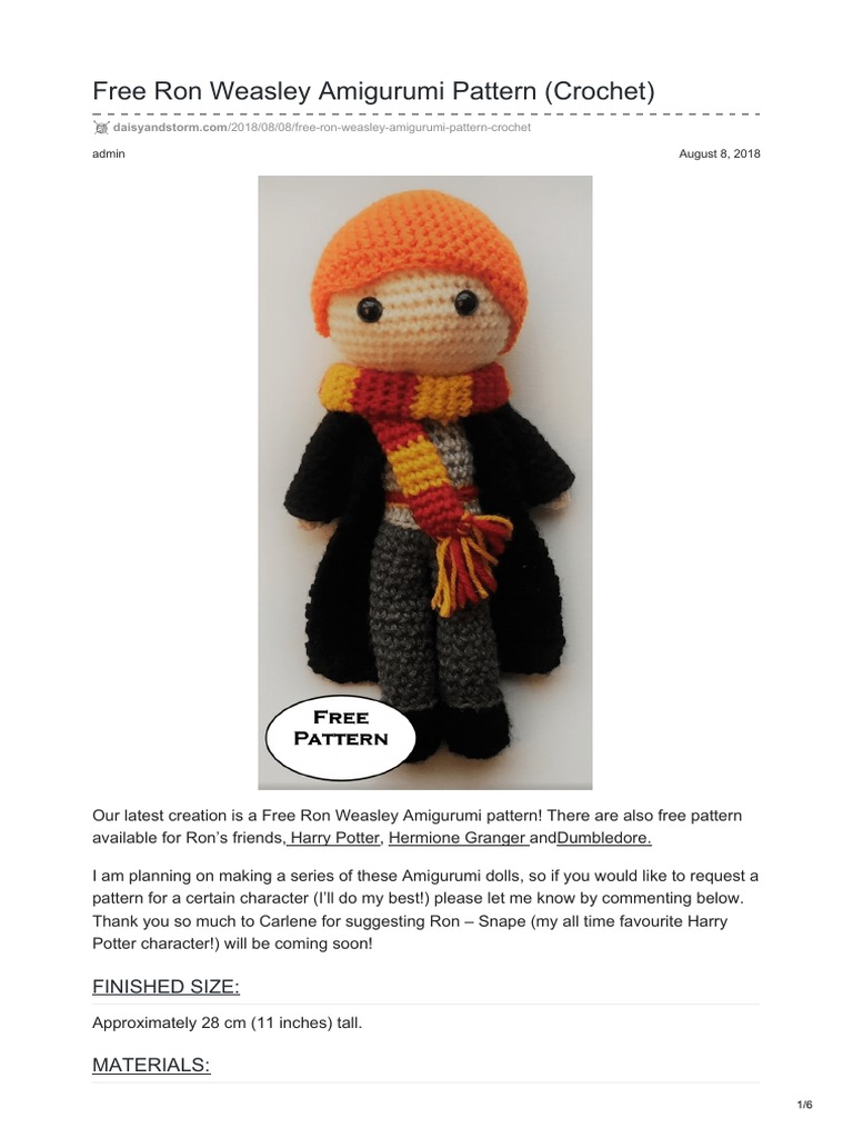 Free Ron Weasley Amigurumi Pattern (Crochet) : Finished Size | Download ...