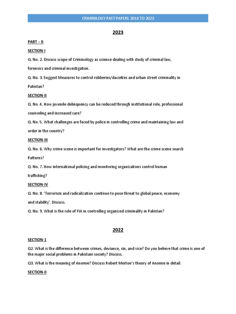 Criminology Past Papers 2016 To 2023 | PDF | Criminology | Juvenile ...