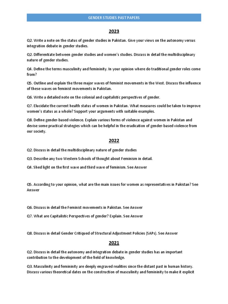 GENDER STUDIES CSS Past Papers 2023 TO 2016 | PDF | Gender And ...