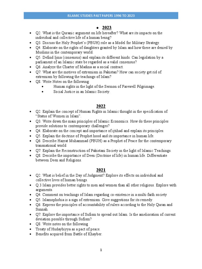 Islamic Studies CSS Past Papers - ISLAMIAT PAST PAPER 1996 TO 2023 ...