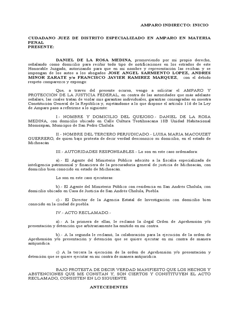 Amparo Indirecto VS Orden de Presentacion Daniel de La Rosa Medina | PDF | Judicaturas | Derecho ...