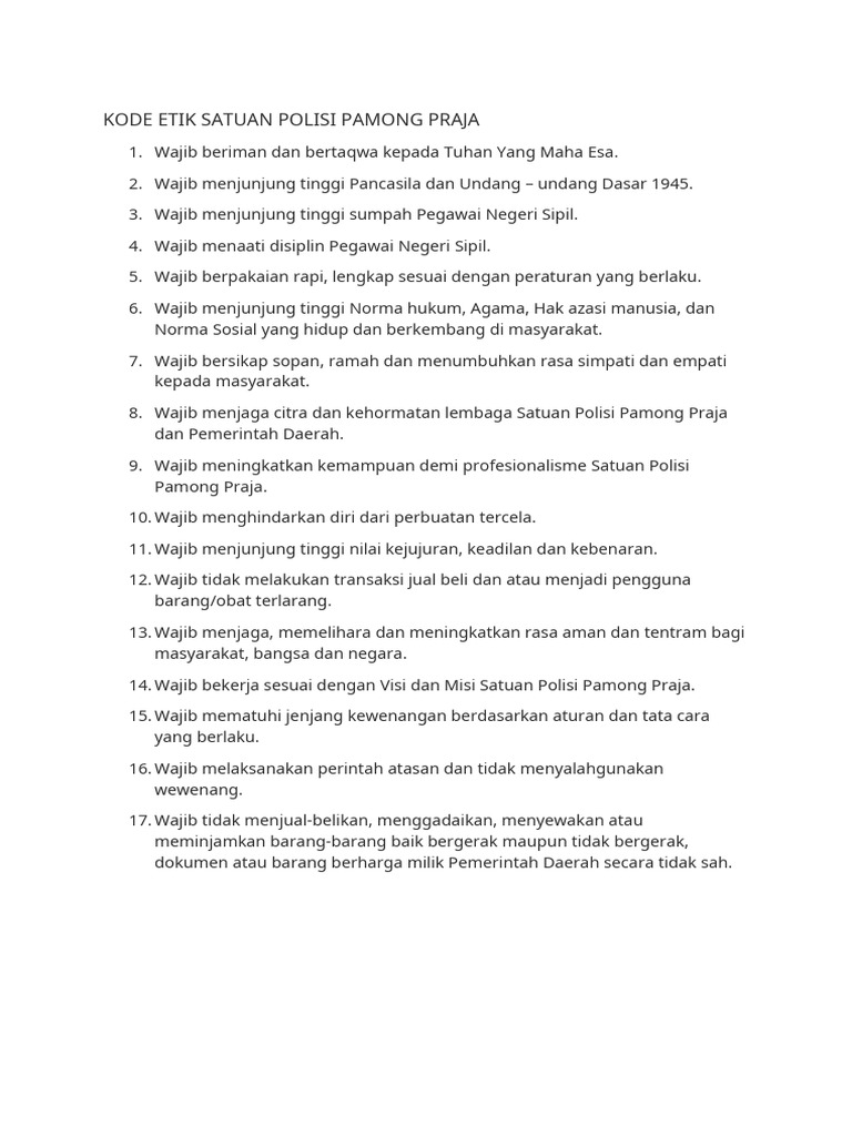 Kode Etik Satuan Polisi Pamong Praja | PDF | Ilmu Sosial | Hukum