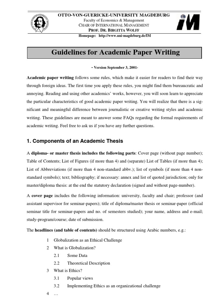 Guidelines For Academic Paper Writing: 1. Components of An Academic ...