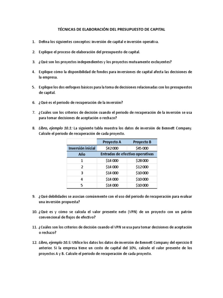 Ejercicios #4 - Técnicas de Elaboración Del Presupuesto de Capital | PDF | Tasa interna de ...