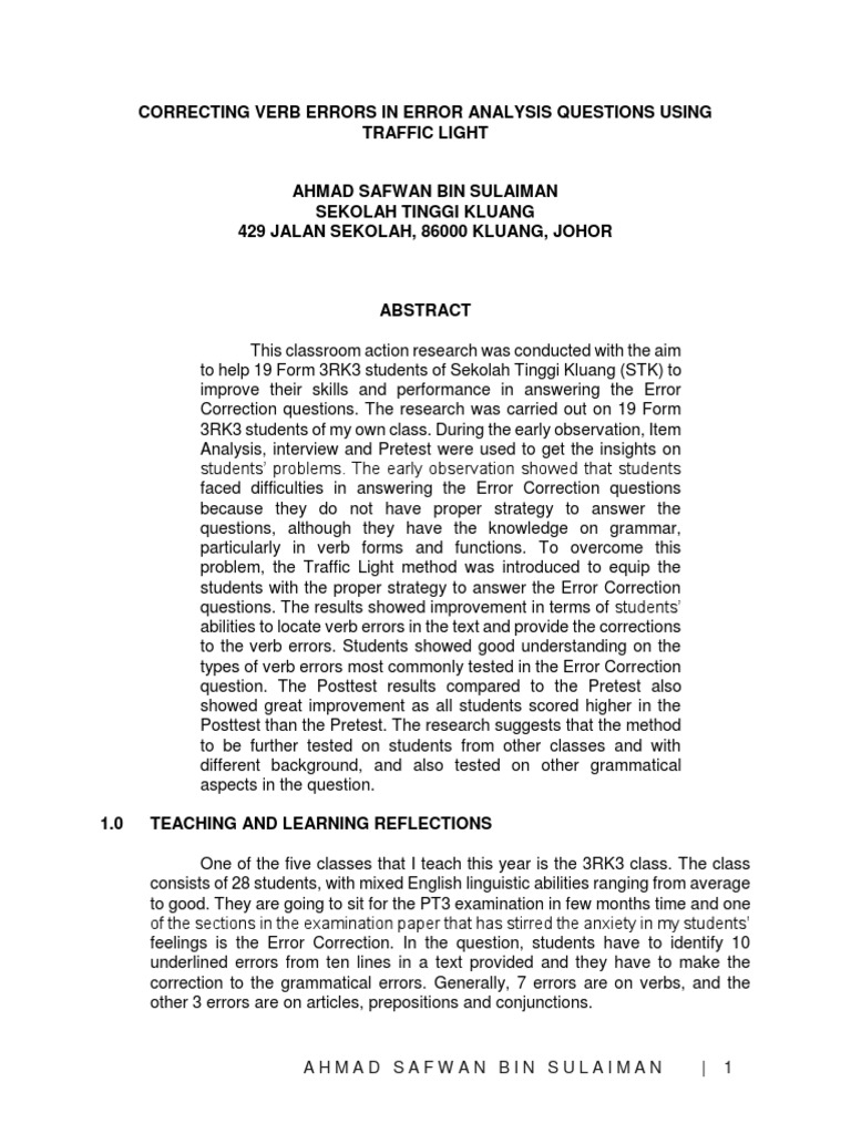 Correcting Verb Errors in Error Analysis Questions Using Traffic Light 2 | PDF | Grammatical ...