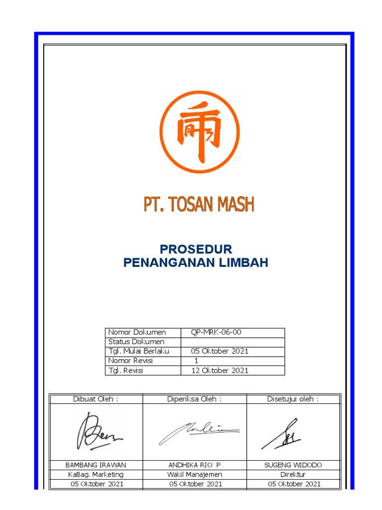 Prosedur Penanganan Limbah PT Tosan Mash | PDF