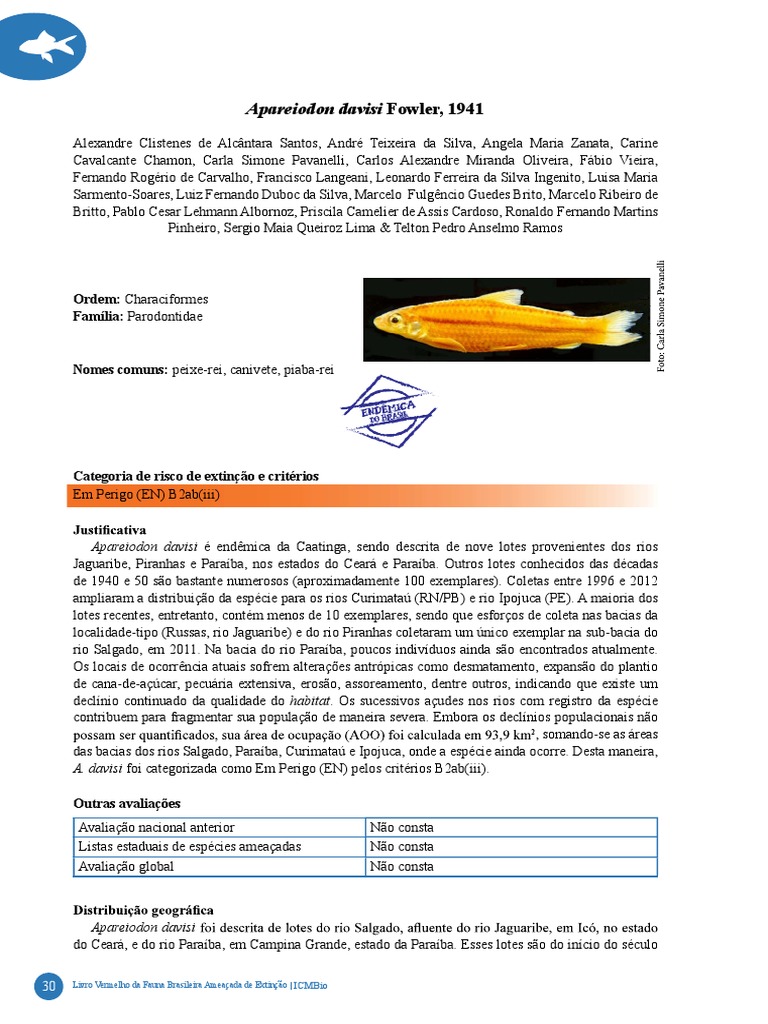 Apareiodon davisi: Peixe em Perigo | PDF | Geociências | Conservação ...
