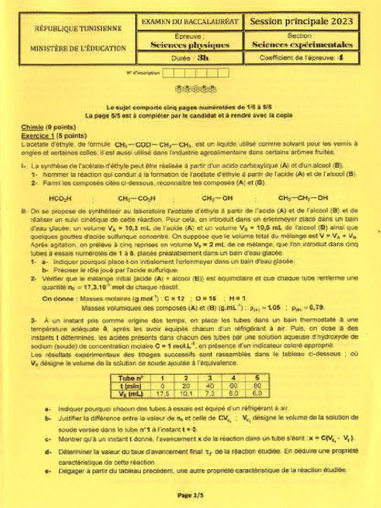 Sujet Physique Bac Sciences Prin 2023 | PDF