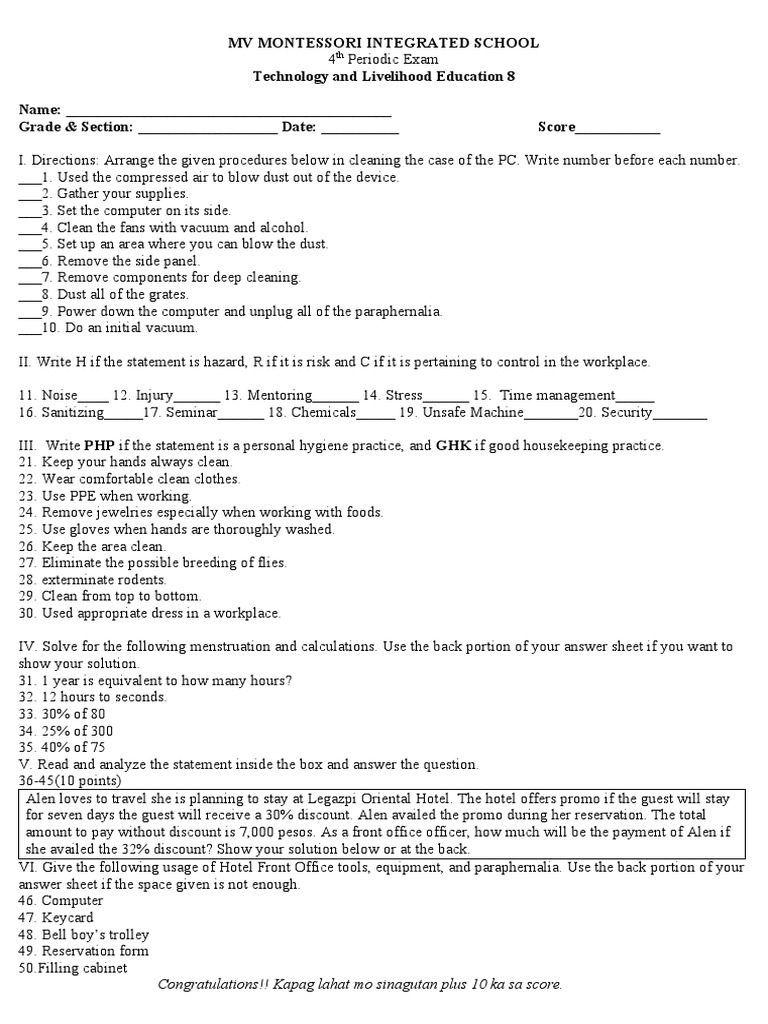 3rd Tle 8 Final Exam | PDF | Housekeeping | Safety