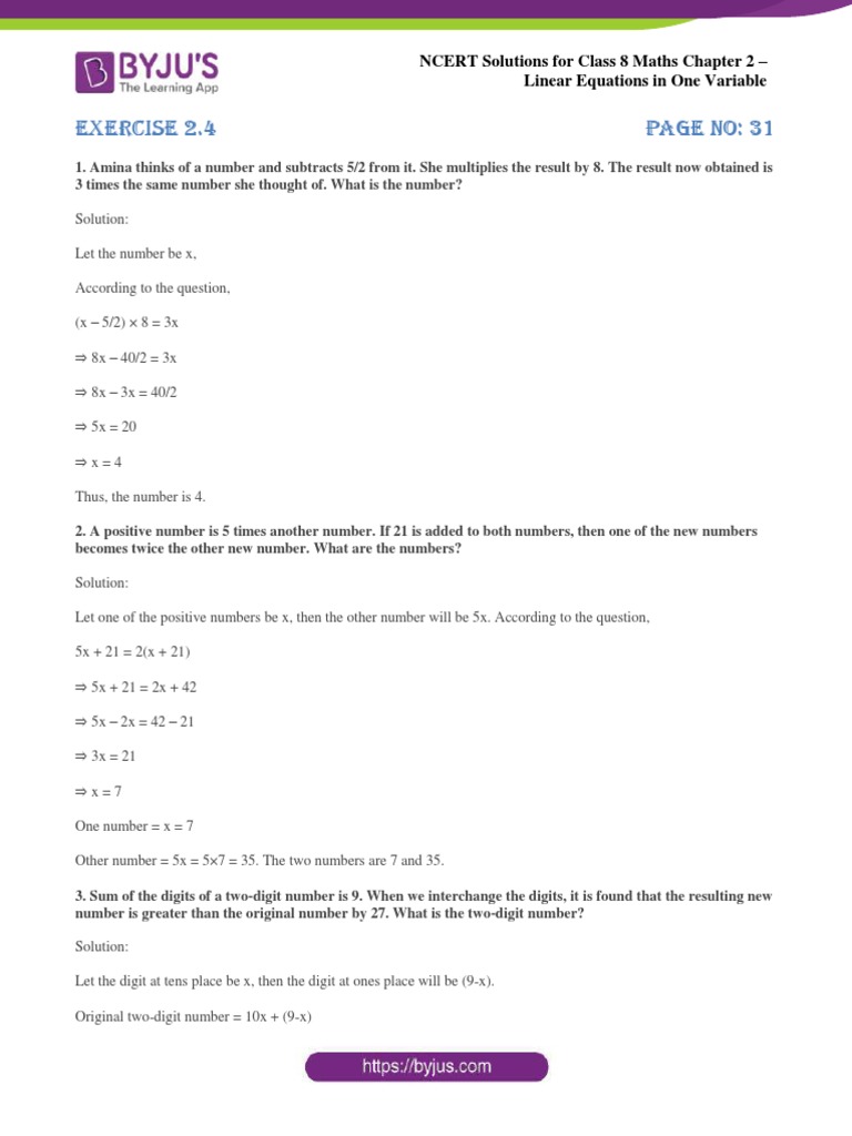 Ncert Solutions For Class 8 Maths May22 Chapter 2 Linear Equations in ... Ncert Solutions For Class 8 Maths May22 Chapter 2 Linear Equations in ...