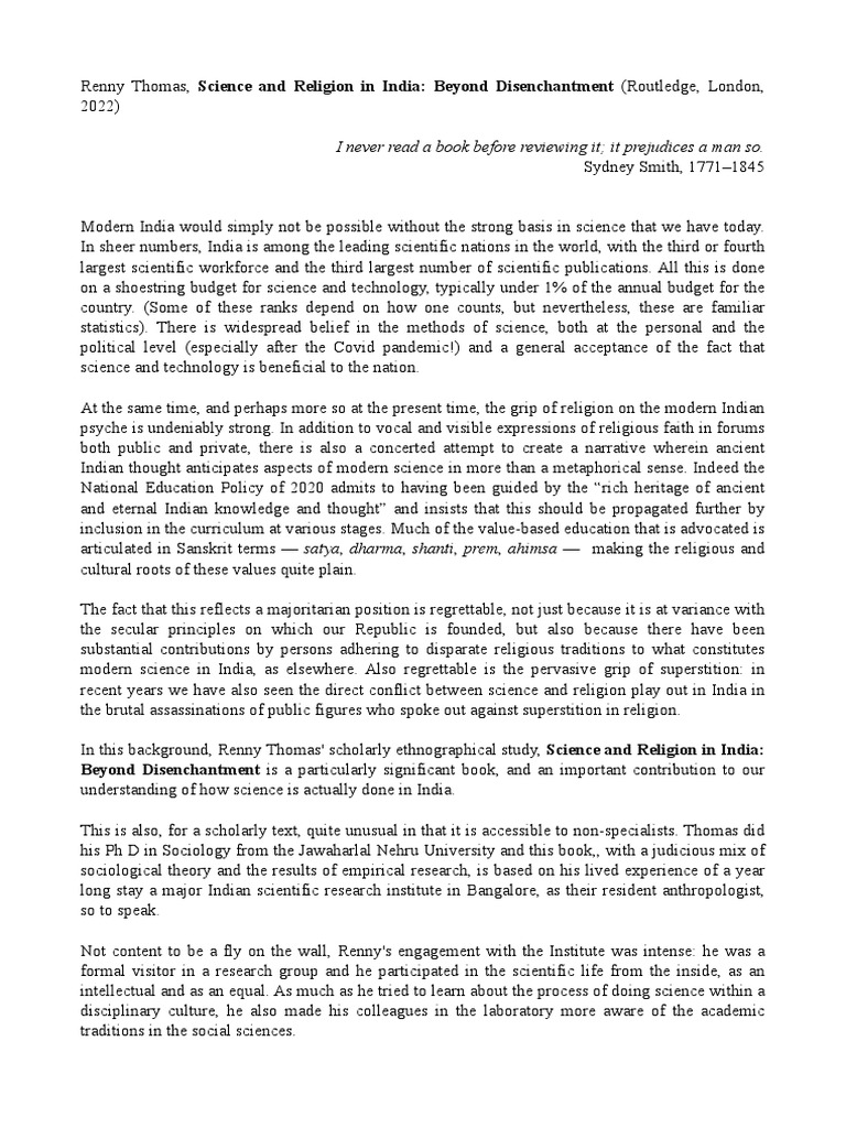 IIC Quarterly Review of The Book Renny Thomas, Science and Religion in ...
