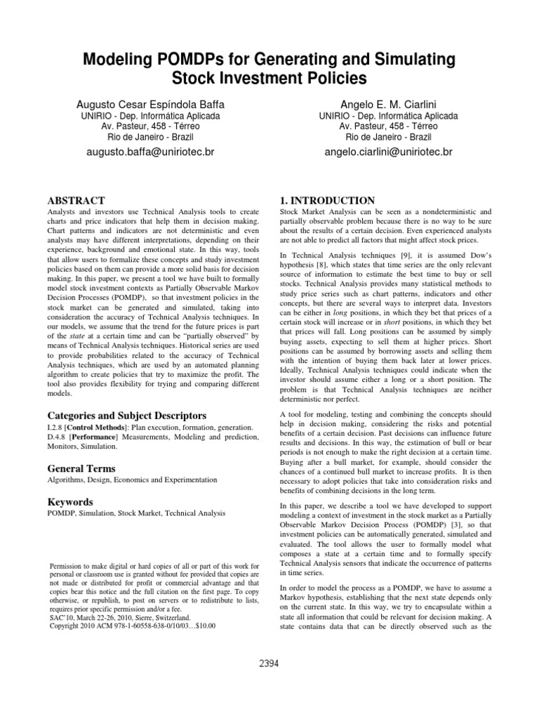 Modeling POMDPs For Generating and Simulating Stock Investment Policies (2010) | PDF | Technical ...