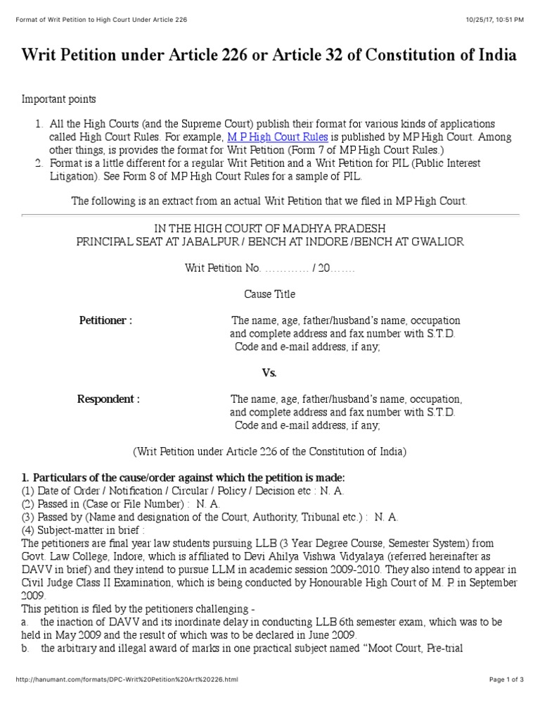 Format of Writ Petition To High Court Under Article 226 | PDF | Certiorari | Public Law