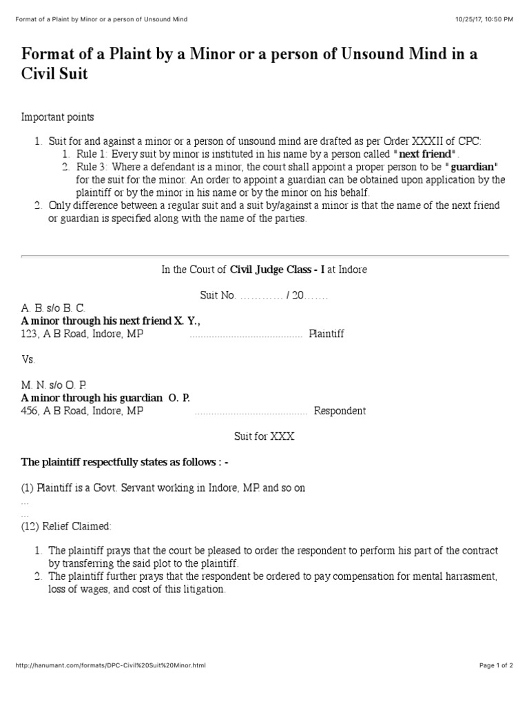 Format of A Plaint by Minor or A Person of Unsound Mind | Download Free ...