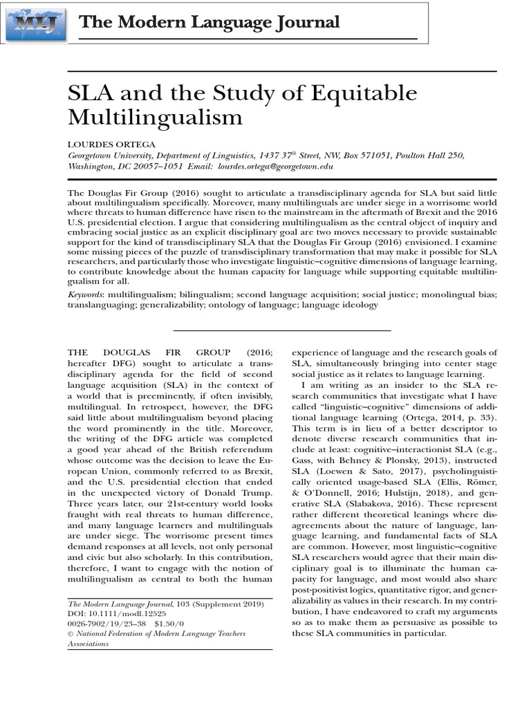 The Modern Language Journal - 2019 - OrTEGA - SLA and The Study of Equitable Multilingualism ...