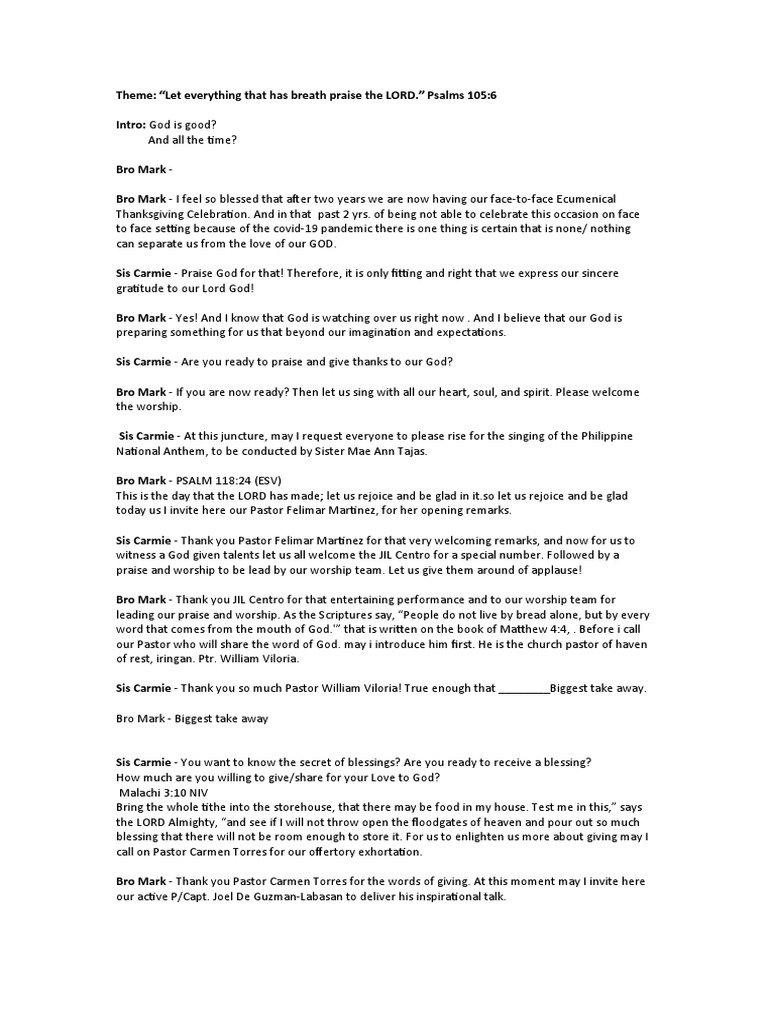 Ecumenical Thanksgiving Celebration Script | PDF