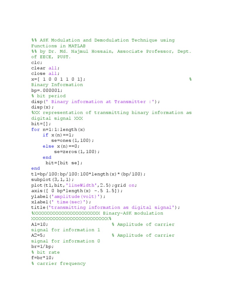Ask Modulation And Demodulation Technique Using Functions In Matlab