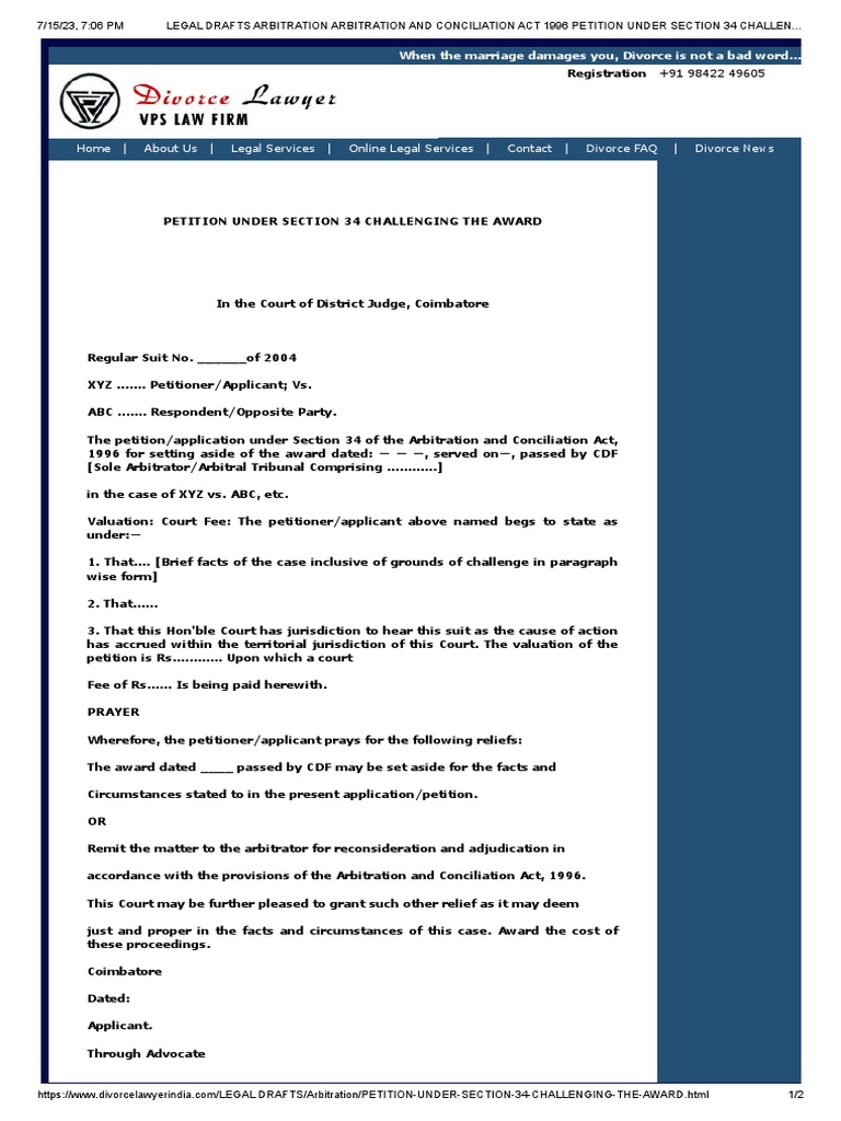 Legal Drafts Arbitration Arbitration And Conciliation Act 1996 Petition