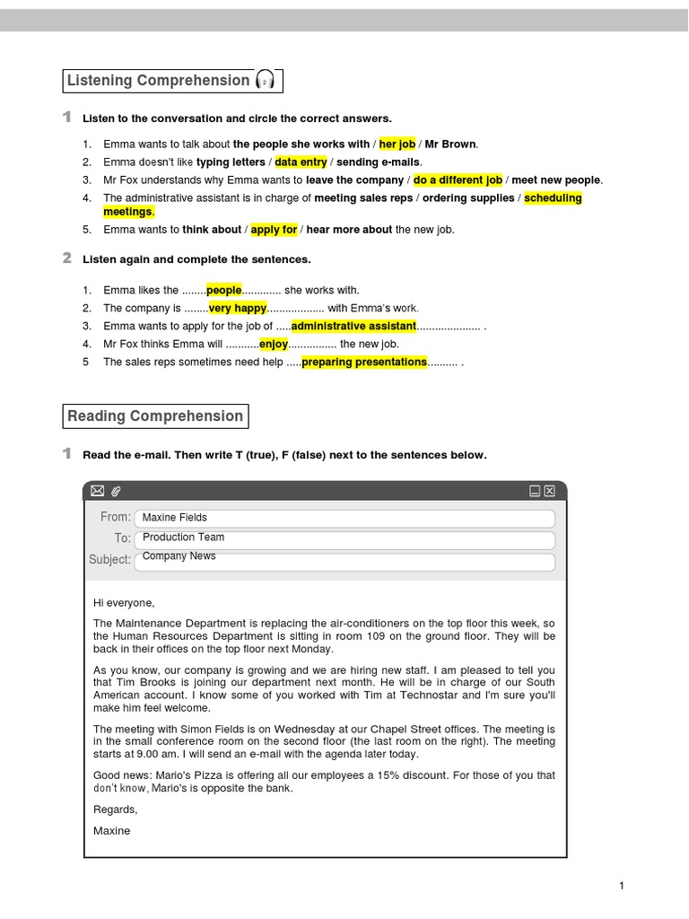 ANSWER KEY - Listening and Reading | PDF