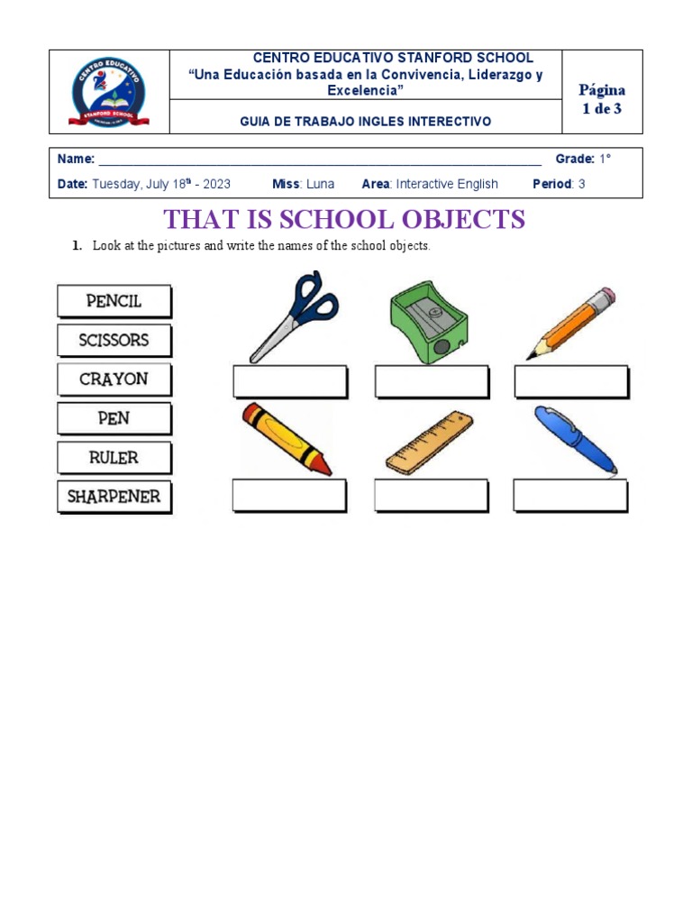 Guía de Trabajo N03 P03 Martes School Objects Inglés Interactivo | PDF